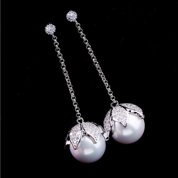 Jewelry | Crystal Embellished Long Pearl Drop Earrings | Poshmark